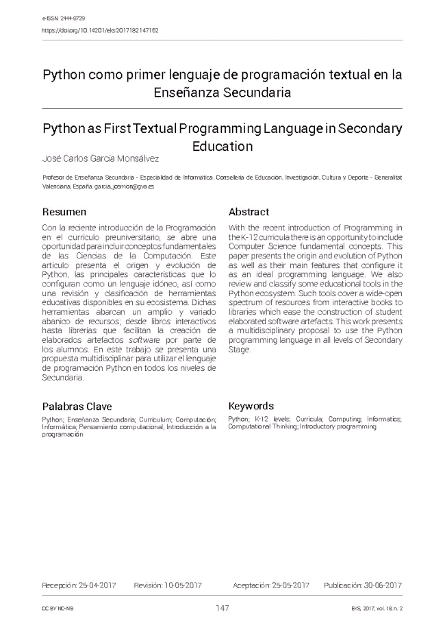 Python como primer lenguaje de programación textual en la Enseñanza Secundaria = Python as First ...